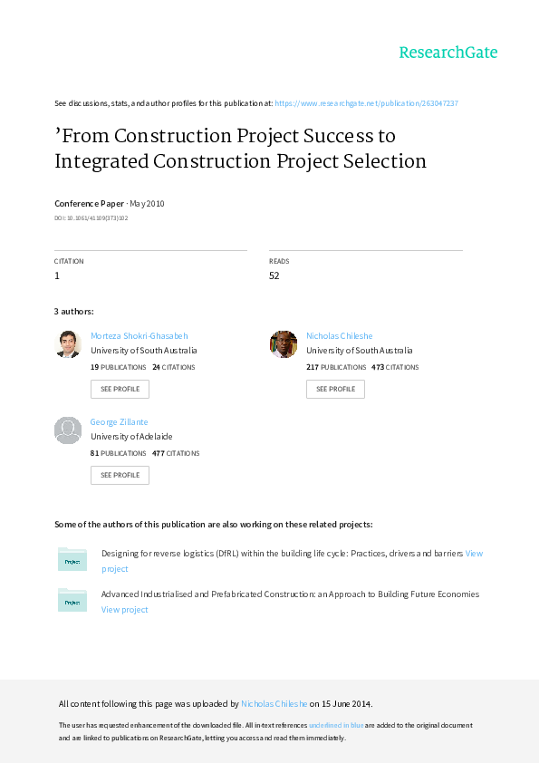 (PDF) From Construction Project Success to Integrated Construction ...