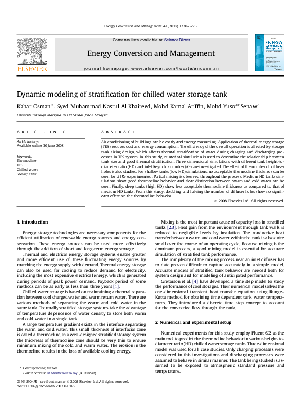 Pdf Dynamic Modeling Of Stratification For Chilled Water Storage Tank
