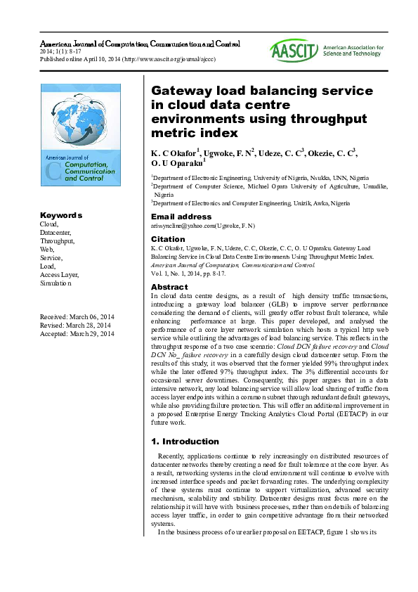 (PDF) Gateway load balancing service in cloud data centre environments using throughput metric index