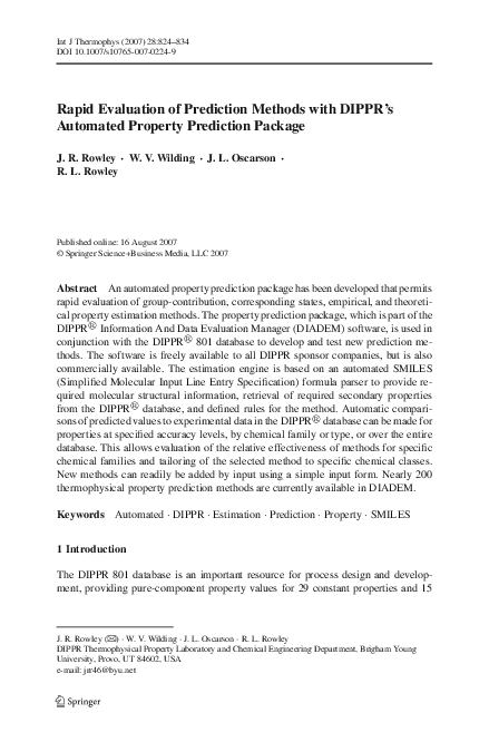 (PDF) Rapid Evaluation of Prediction Methods with DIPPR’s Automated ...