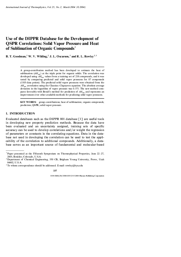 (PDF) Use of the DIPPR Database for the Development of QSPR ...