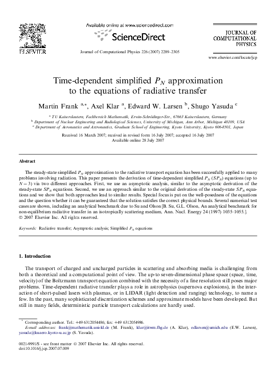Pdf Time Dependent Simplified Pn Approximation To The Equations Of