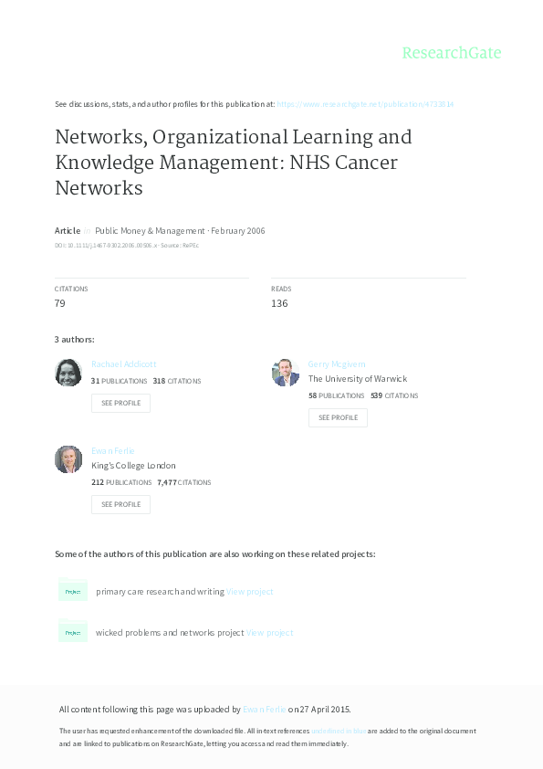 (PDF) Networks, organizational learning and knowledge management: NHS ...
