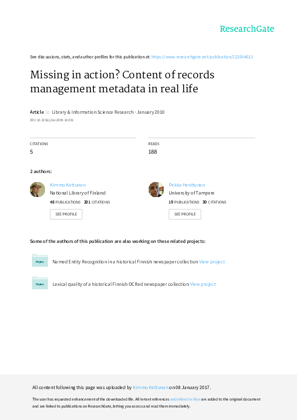 (PDF) Missing in action? Content of records management metadata in real ...