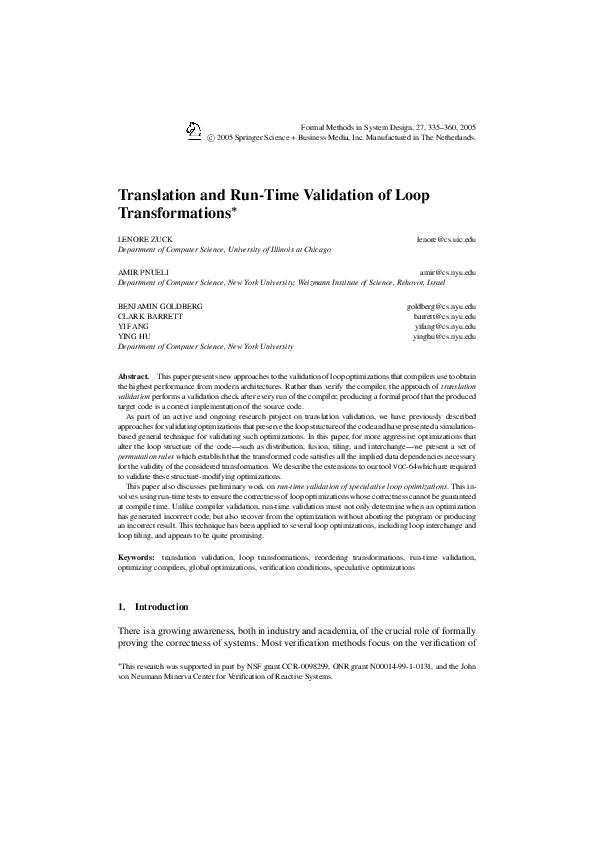 (PDF) Translation and run-time validation of loop transformations