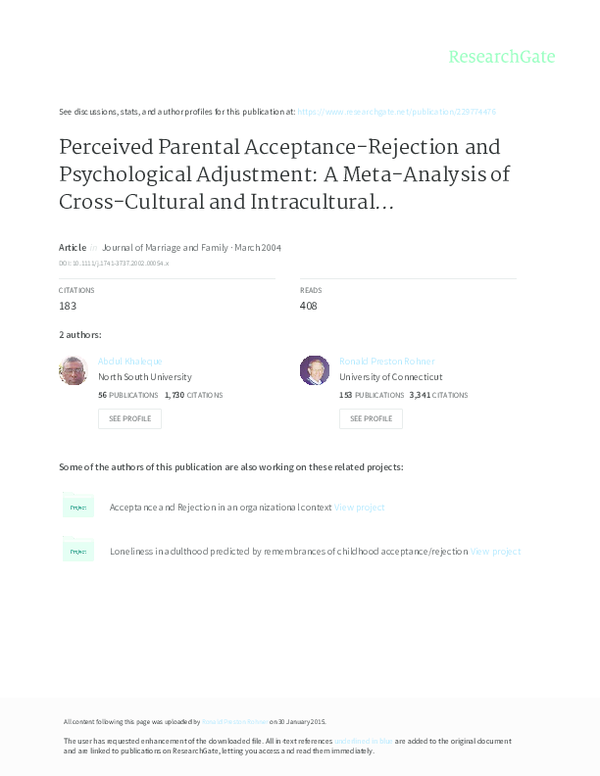 (PDF) Perceived Parental Acceptance‐Rejection and Psychological ...