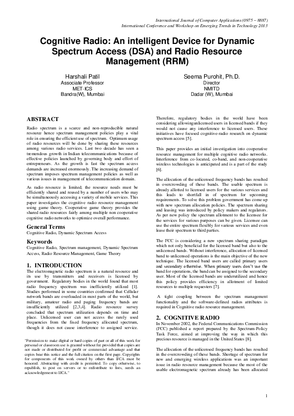 (PDF) Cognitive Radio: An intelligent Device for Dynamic Spectrum Access (DSA) and Radio ...