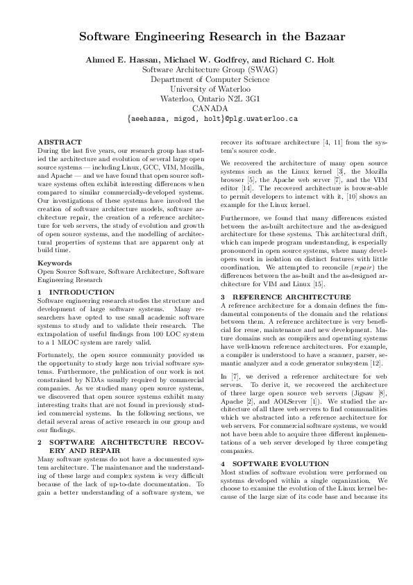 (PDF) Software Engineering Research in the Bazaar | ahmed Hassan ...