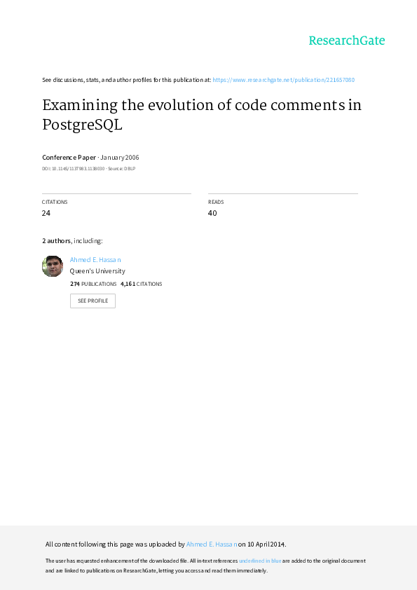 (PDF) Examining the evolution of code comments in PostgreSQL | ahmed ...
