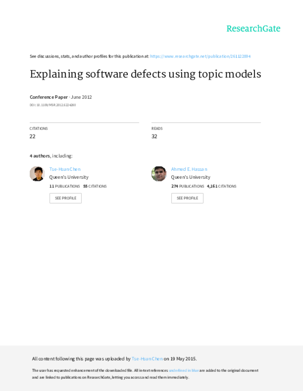 (PDF) Explaining software defects using topic models