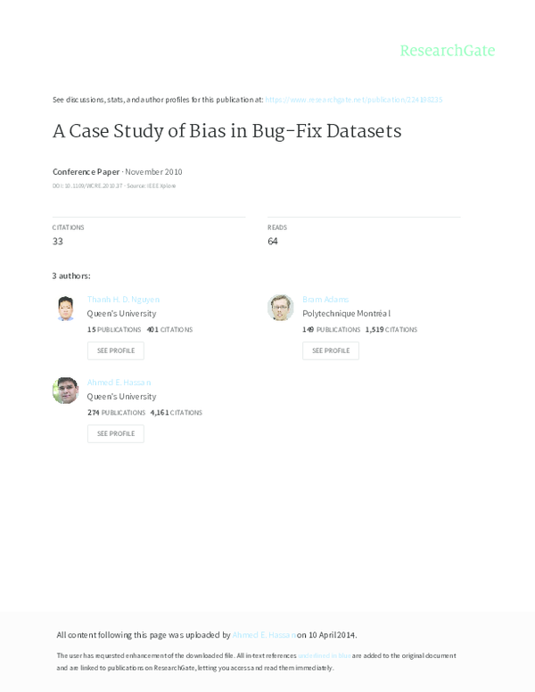 (PDF) A Case Study of Bias in Bug-Fix Datasets