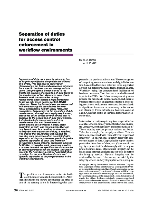 Pdf Separation Of Duties For Access Control Enforcement In Workflow Environments