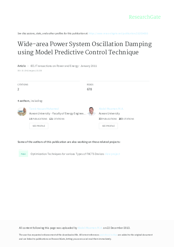 Pdf Wide Area Power System Oscillation Damping Using Model Predictive Control Technique