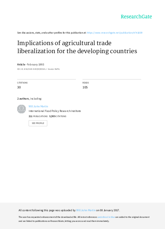 (PDF) Implications of agricultural trade liberalization for the ...