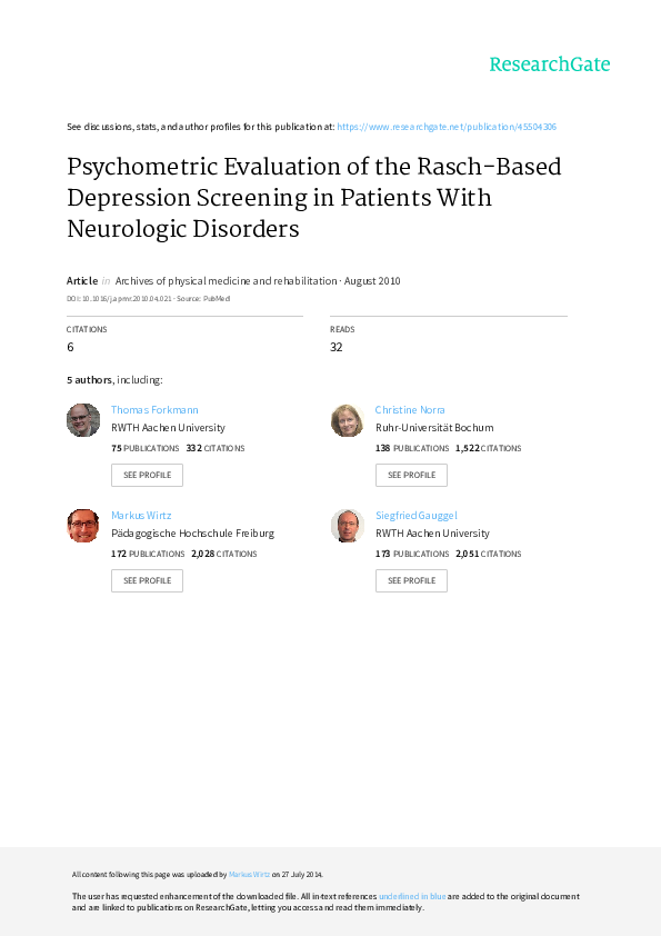(PDF) Psychometric Evaluation of the Rasch-Based Depression Screening in Patients With ...