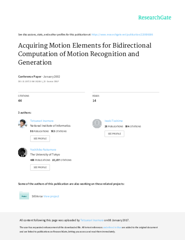 (PDF) Acquiring Motion Elements for Bidirectional Computation of Motion Recognition and Generation