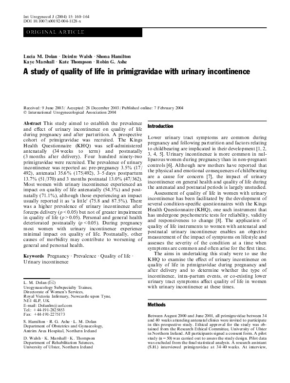 (PDF) A study of quality of life in primigravidae with urinary incontinence