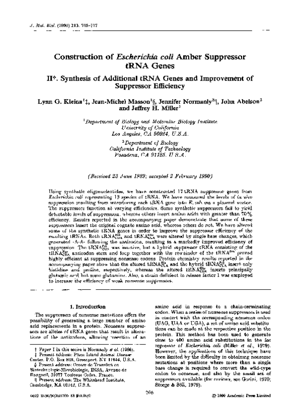 (PDF) Construction of Escherichia coli amber suppressor tRNA genes+ ...