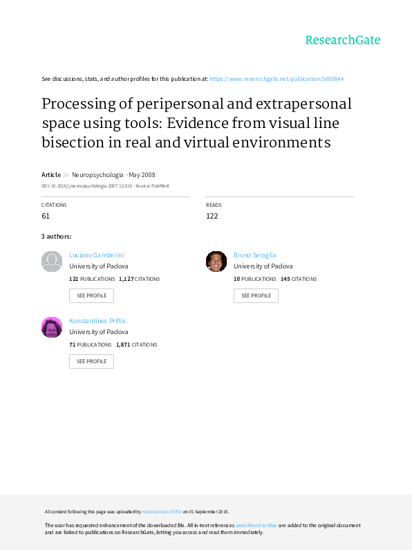 (PDF) Processing of peripersonal and extrapersonal space using tools: Evidence from visual line ...