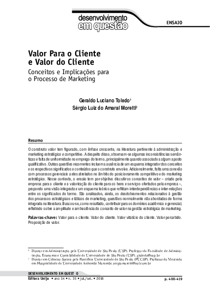 (PDF) Valor Para o Cliente e Valor do Cliente Conceitos e Implicações ...