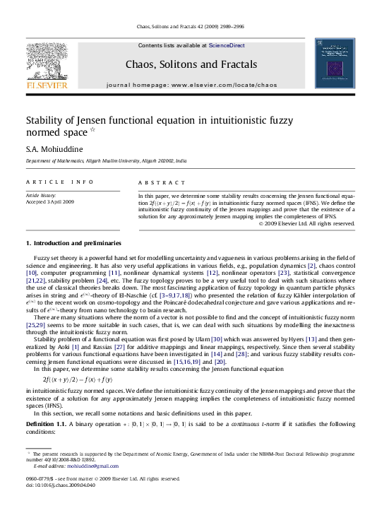 (PDF) Stability of Jensen functional equation in intuitionistic fuzzy ...