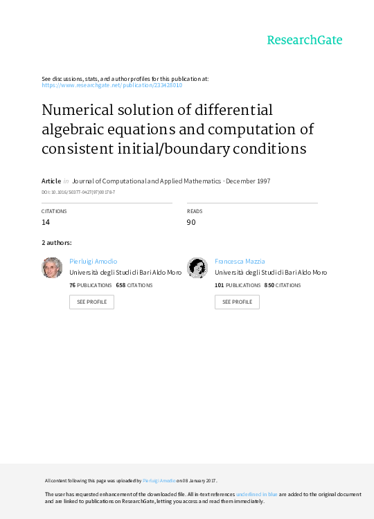 (PDF) Numerical solution of differential algebraic equations and computation of consistent ...