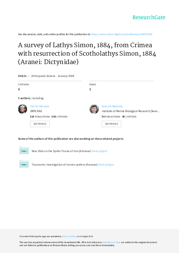 (PDF) A survey of Lathys Simon, 1884, from Crimea with resurrection of Scotholathys Simon, 1884 ...