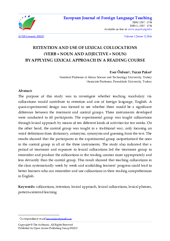 (PDF) European Journal of Foreign Language Teaching RETENTION AND USE OF LEXICAL COLLOCATIONS ...