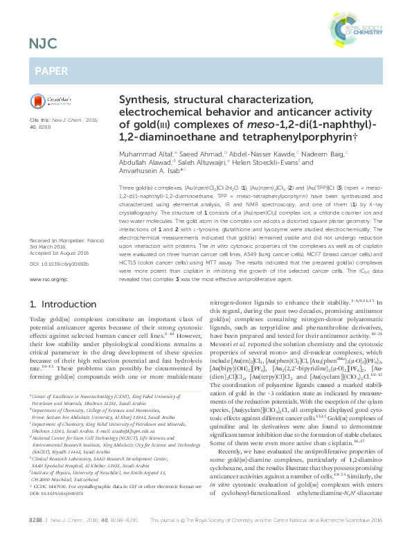 (PDF) Synthesis, structural characterization, electrochemical behavior and anticancer activity ...