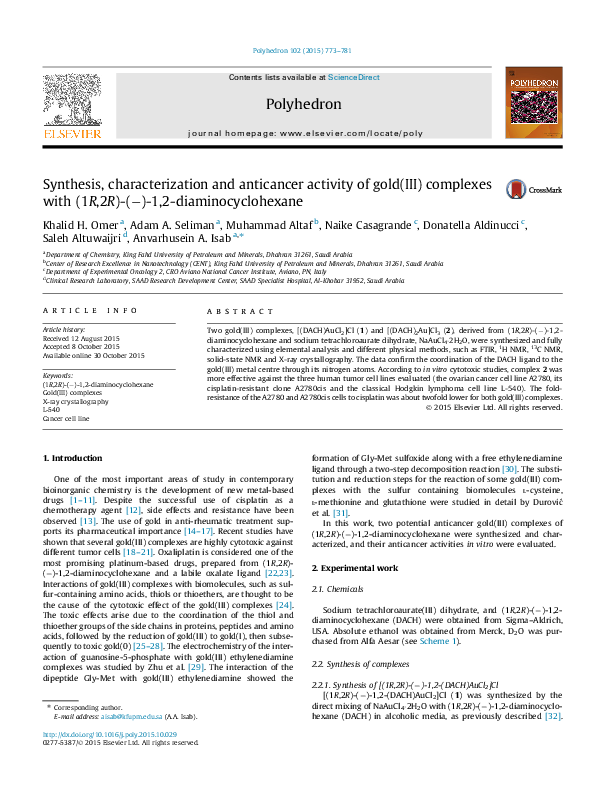 (PDF) Synthesis, characterization and anticancer activity of gold(III) complexes with (1R,2R)-(À ...