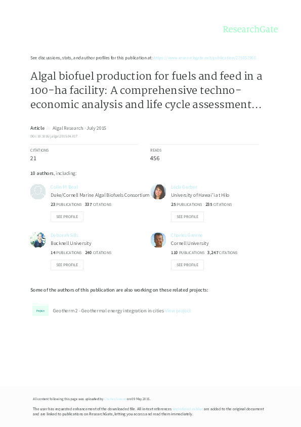(PDF) Algal biofuel production for fuels and feed in a 100-ha facility: A comprehensive techno ...