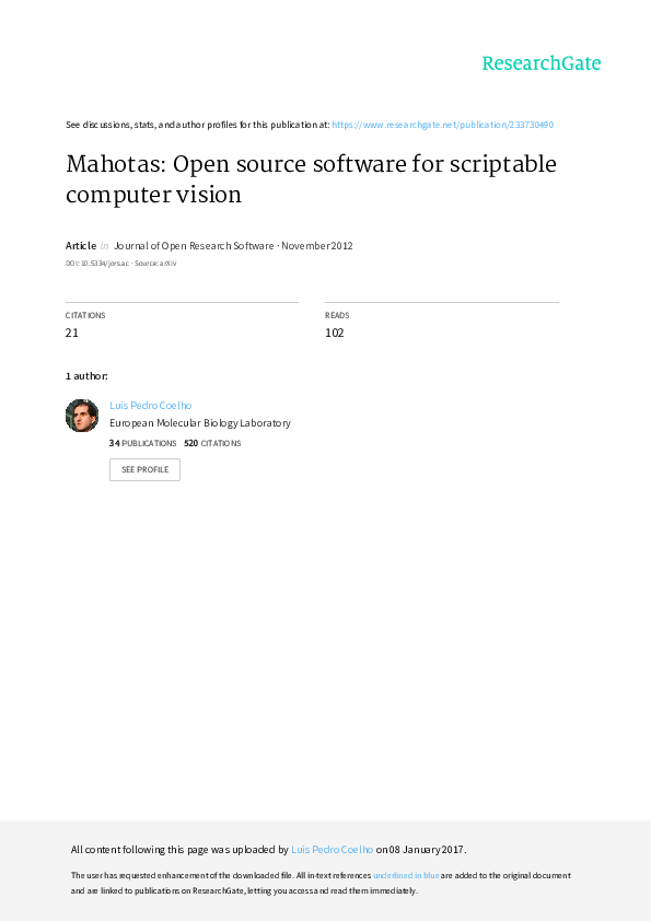 (PDF) Mahotas: Open source software for scriptable computer vision