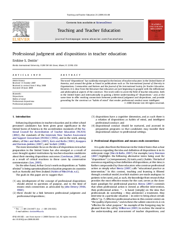 (PDF) Professional judgment and dispositions in teacher education