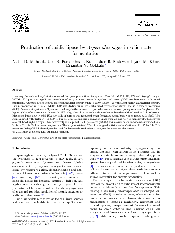 (PDF) Production of acidic lipase by Aspergillus niger in solid state ...