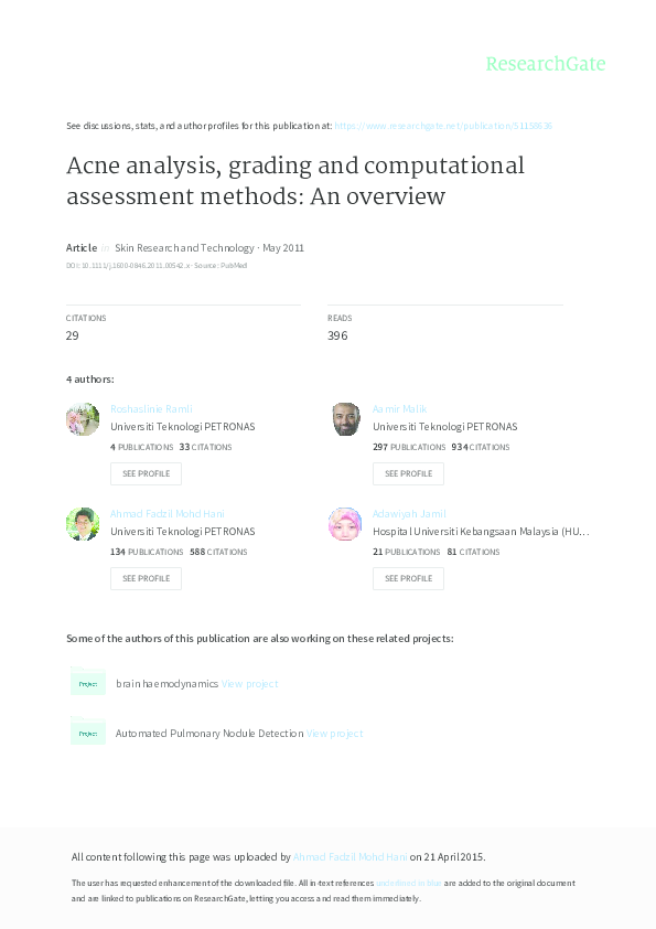 Pdf Acne Analysis Grading And Computational Assessment Methods An