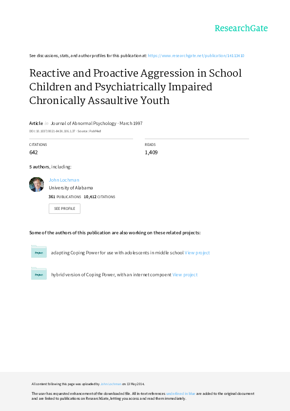 (PDF) Reactive and proactive aggression in school children and ...