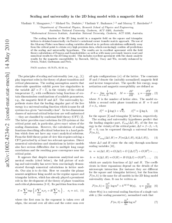 (PDF) Scaling and universality in the two-dimensional Ising model with a magnetic field