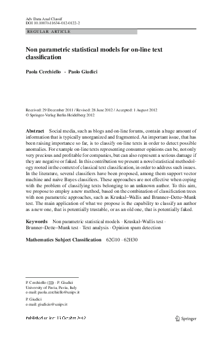 Pdf Non Parametric Statistical Models For On Line Text Classification