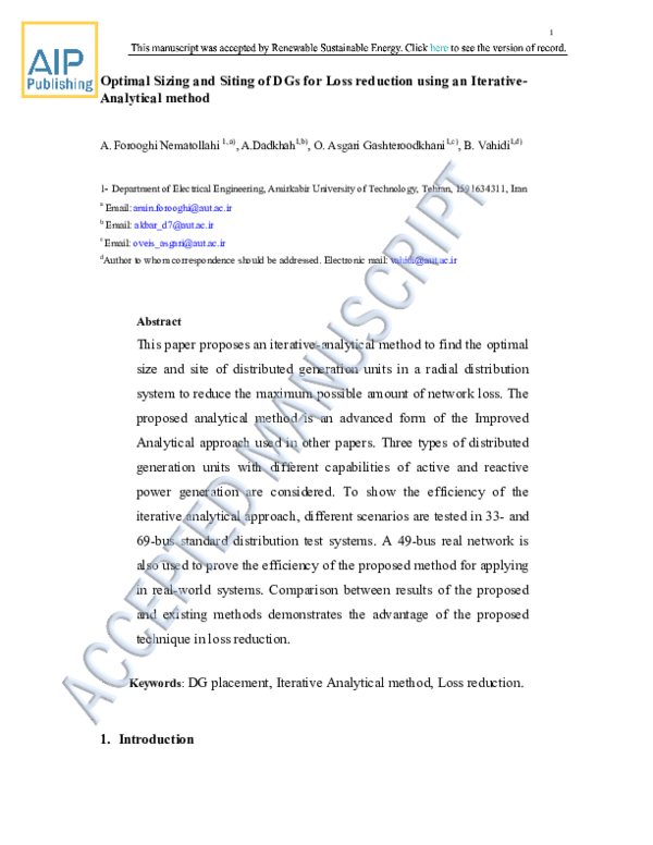 Pdf Optimal Sizing And Siting Of Dgs For Loss Reduction Using An Iterative Analytical Method