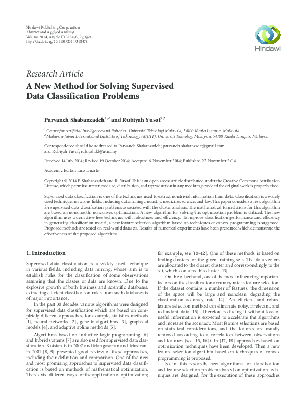 Pdf A New Method For Solving Supervised Data Classification Problems