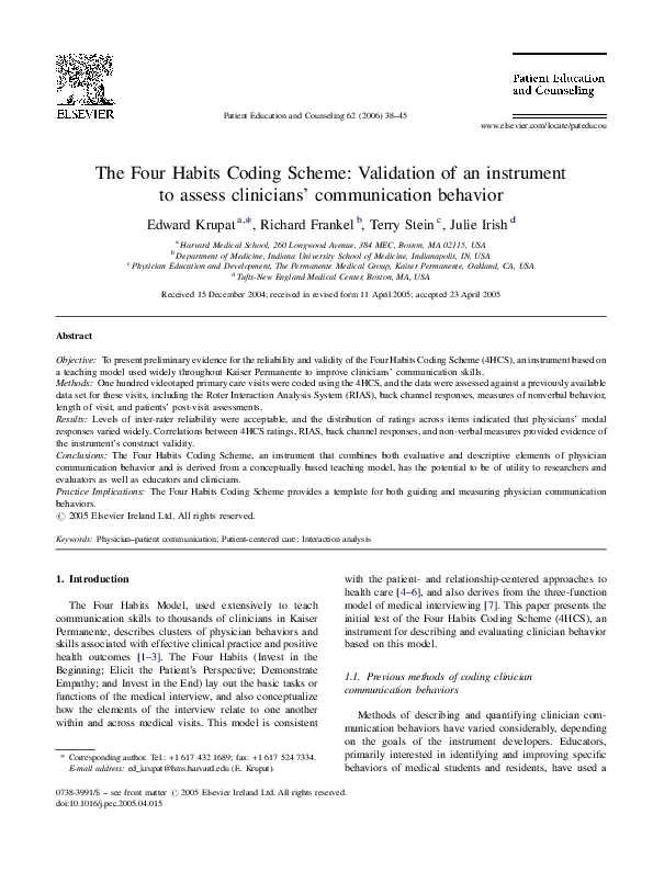 (PDF) The Four Habits Coding Scheme: validation of an instrument to assess clinicians ...