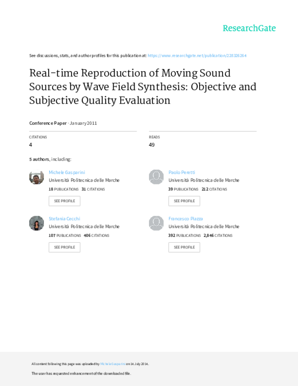 (PDF) Real Time Reproduction of Moving Sound Sources by Wave Field Synthesis: Objective and ...