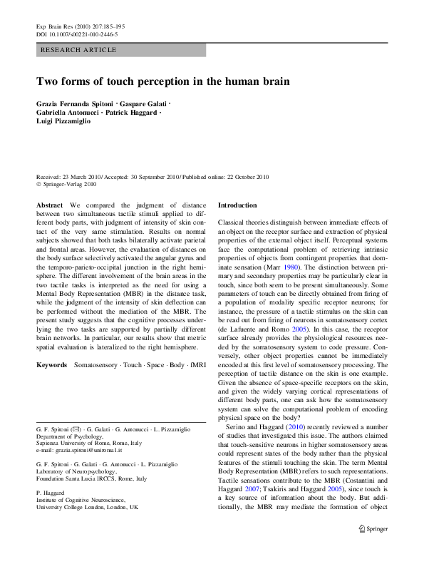 (PDF) Two forms of touch perception in the human brain