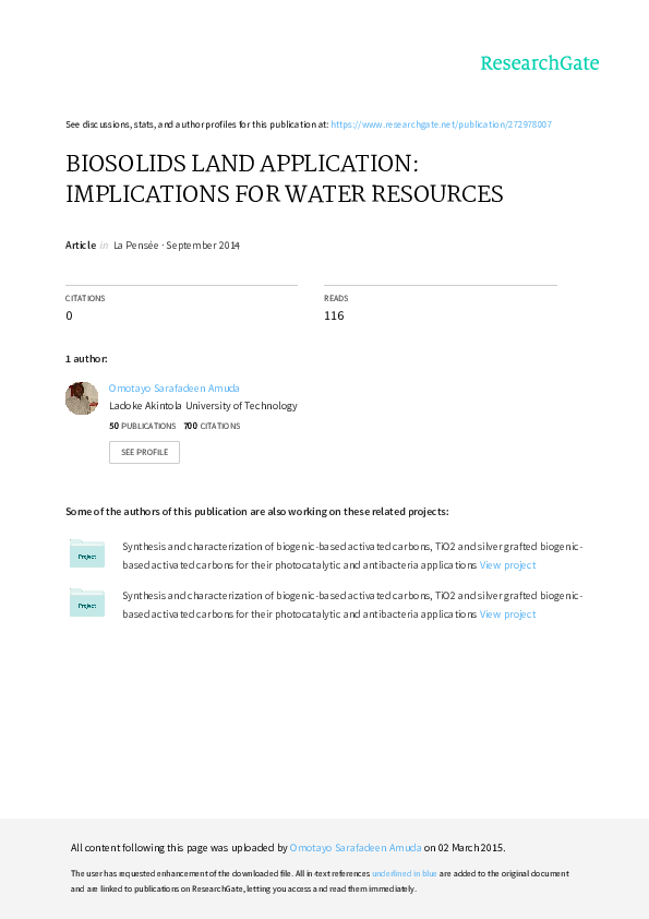 (PDF) Biosolids Land Application: Implications for Water Resources