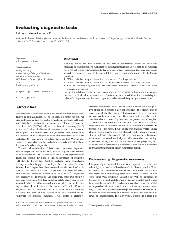 Pdf Evaluating Diagnostic Tests