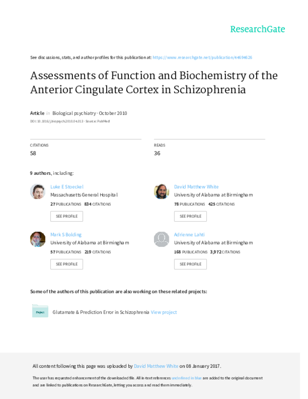 (PDF) Assessments of Function and Biochemistry of the Anterior Cingulate Cortex in Schizophrenia