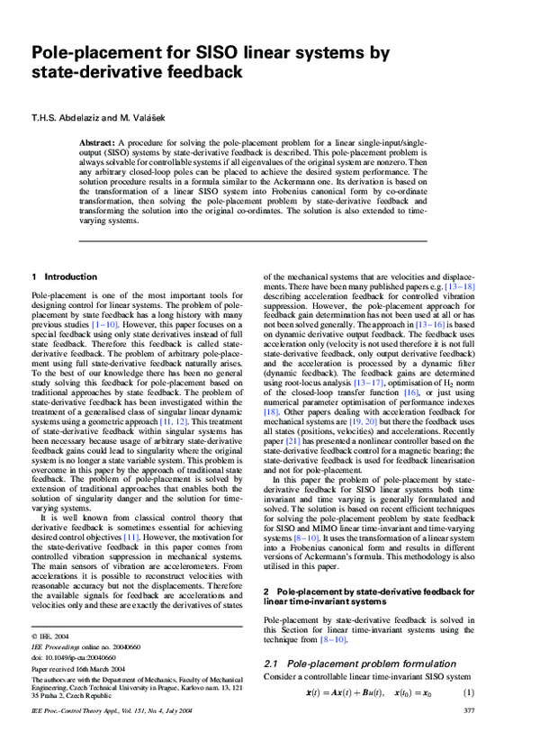 (PDF) Pole-placement for SISO linear systems by state-derivative feedback