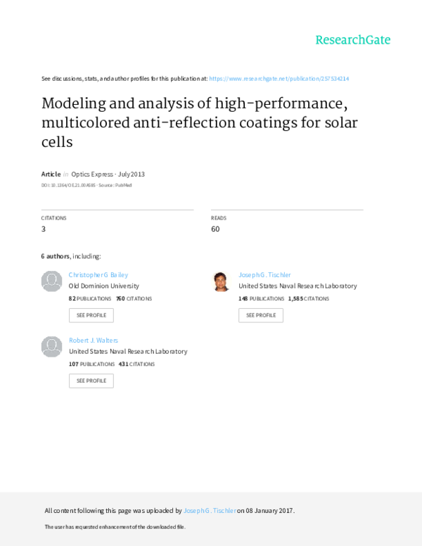 (PDF) Modeling and analysis of high-performance, multicolored anti-reflection coatings for solar ...