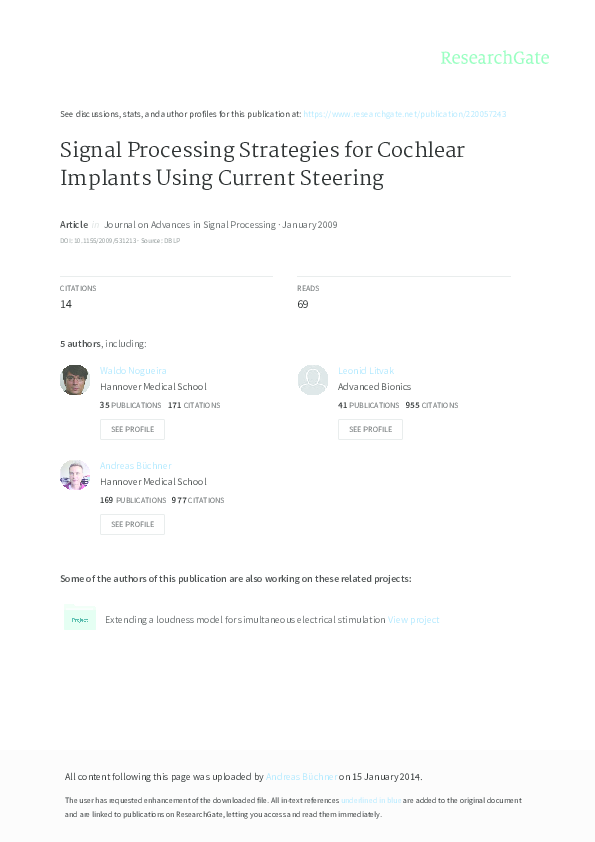 (PDF) Signal Processing Strategies for Cochlear Implants Using Current Steering