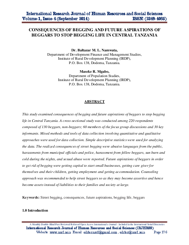 (PDF) CONSEQUENCES OF BEGGING AND FUTURE ASPIRATIONS OF BEGGARS TO STOP ...